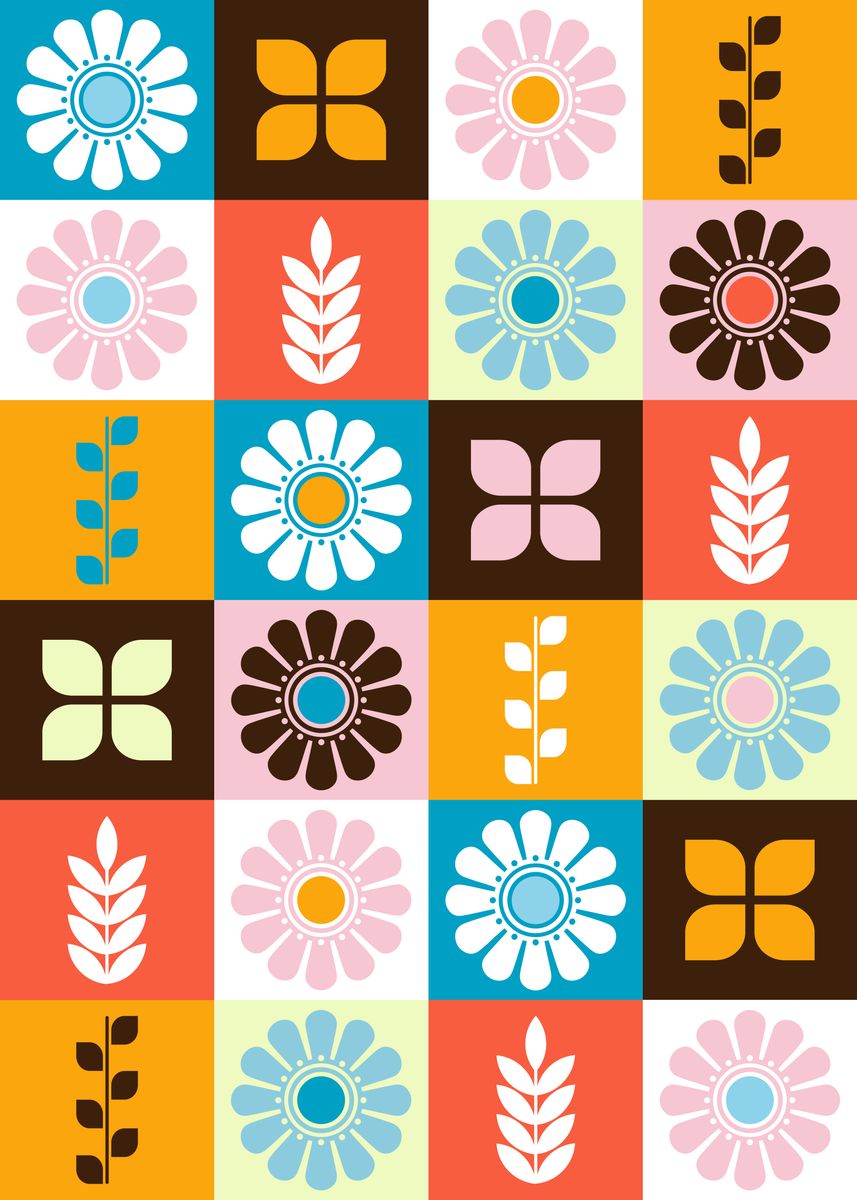 'Retro Floral Colorful Block Pattern' Poster, picture, metal print ...
