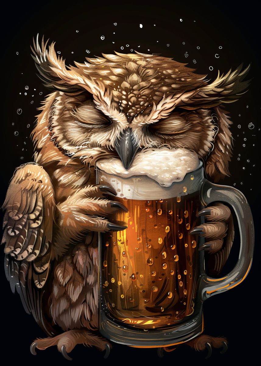 'Owl Beer' Poster, picture, metal print, paint by Hexor | Displate