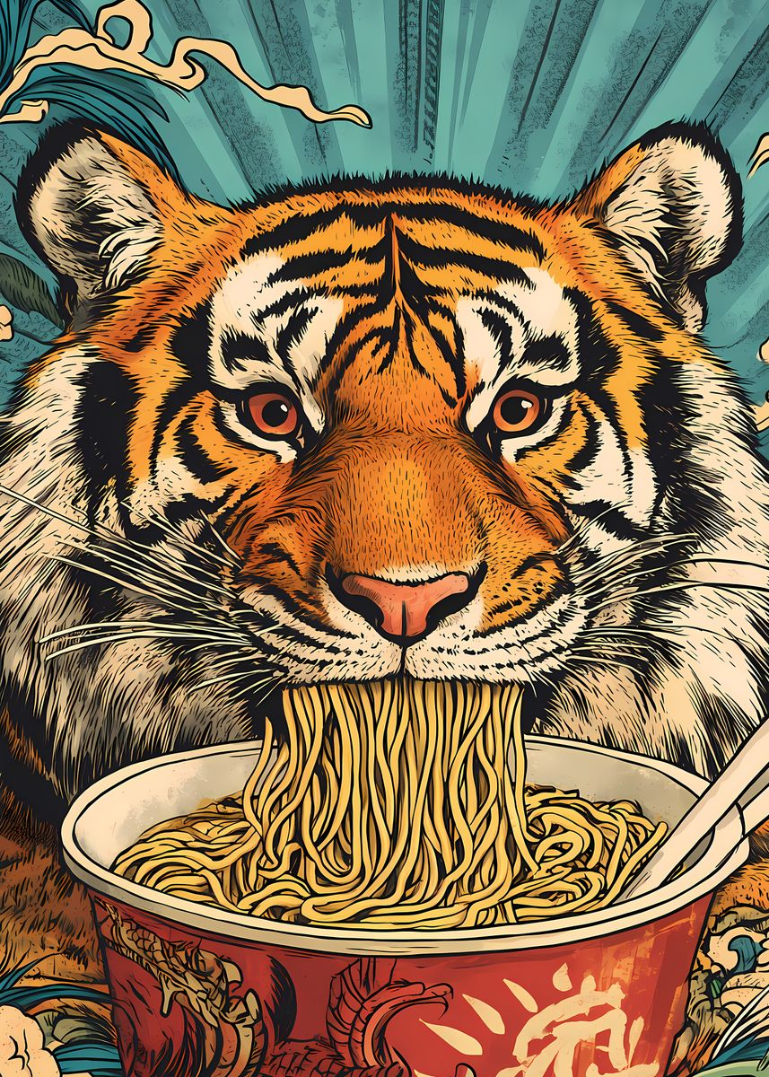 'Tiger Eating Ramen Noodles' Poster, picture, metal print, paint by Jay ...