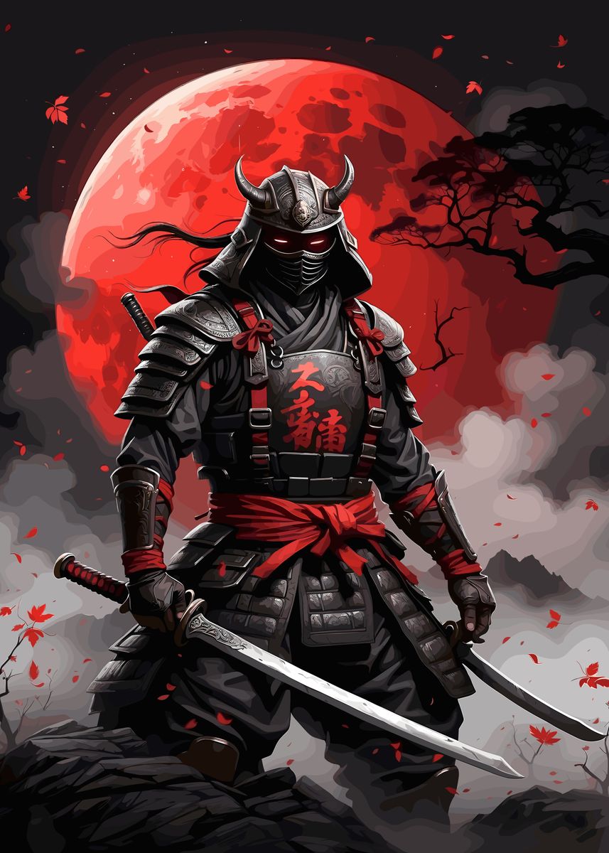 'Samurai Warrior with Red Moon' Poster, picture, metal print, paint by ...
