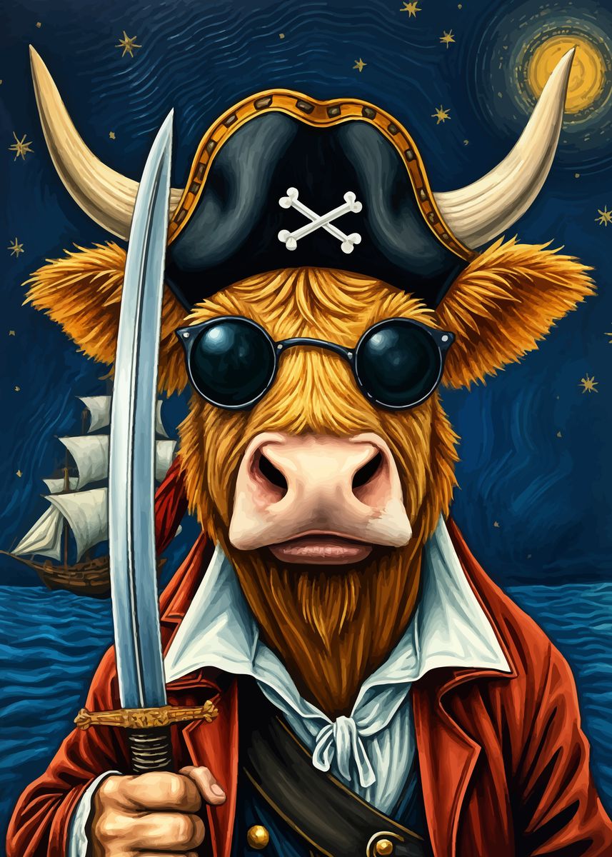 'Pirate Cow with Sword' Poster, picture, metal print, paint by MIROKU ...