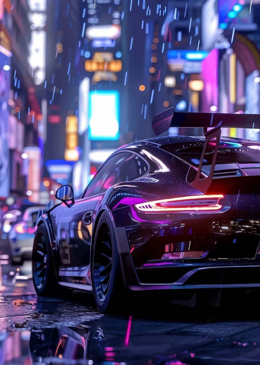 'Black Sports Car in Neon City' Poster, picture, metal print, paint by ...