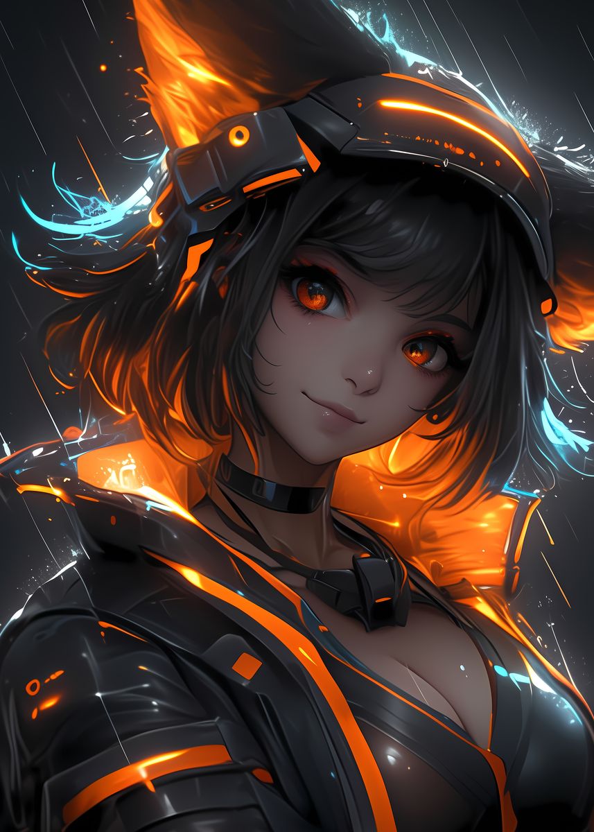 'Orange Cyberpunk Anime Gir' Poster, picture, metal print, paint by ...