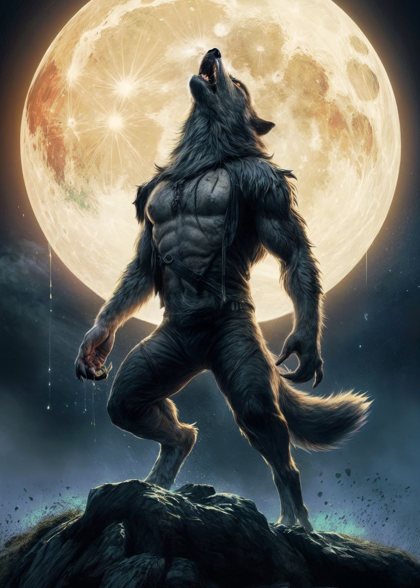 'Werewolf Howling at the Moon' Poster, picture, metal print, paint by ...