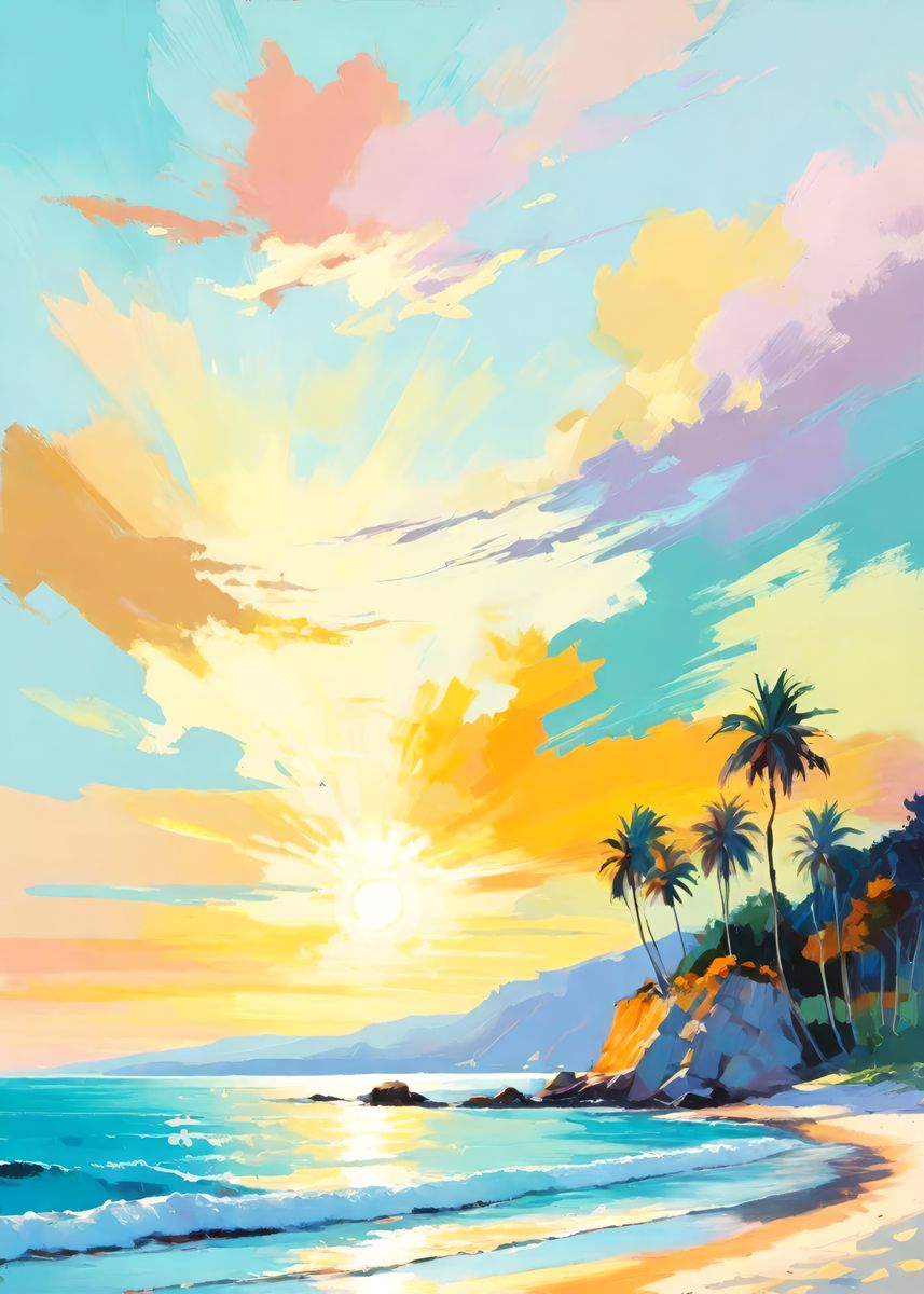 'Tropical Sunset Beach' Poster, picture, metal print, paint by ...
