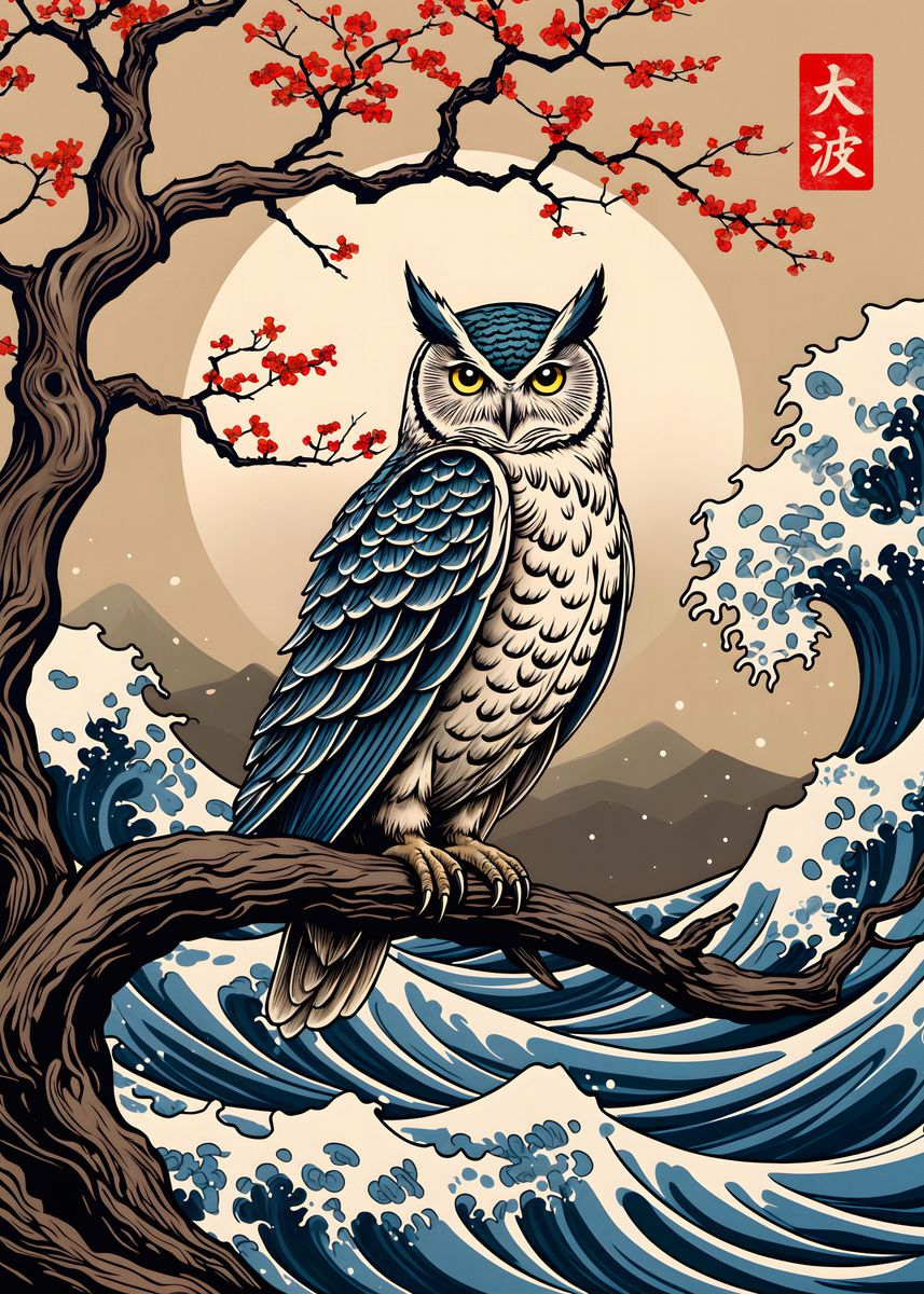 'Owl Great Wave' Poster, picture, metal print, paint by Illust Artz ...
