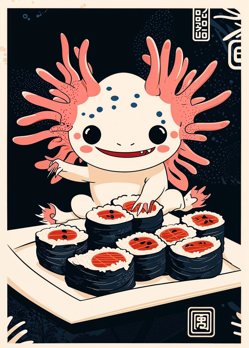 'Axoloti Sushi' Poster, picture, metal print, paint by SuperNova | Displate
