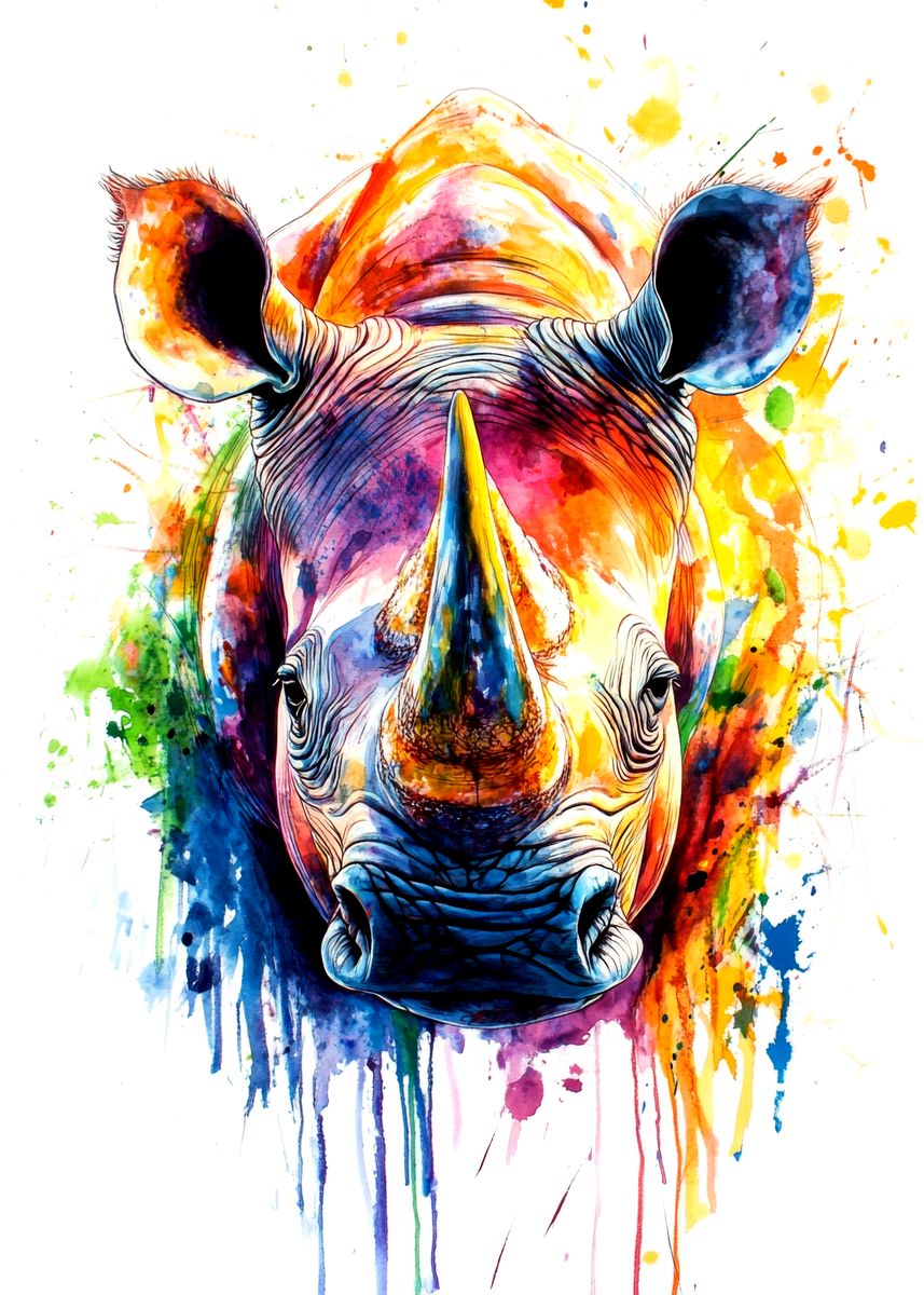 'Colorful Rhino Watercolor' Poster, picture, metal print, paint by ...