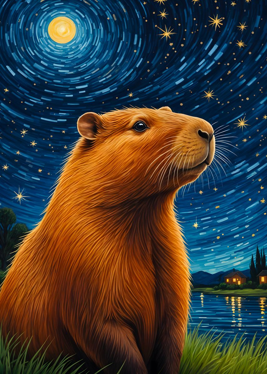 'Capybara Starry Night' Poster, picture, metal print, paint by Yushiroe ...
