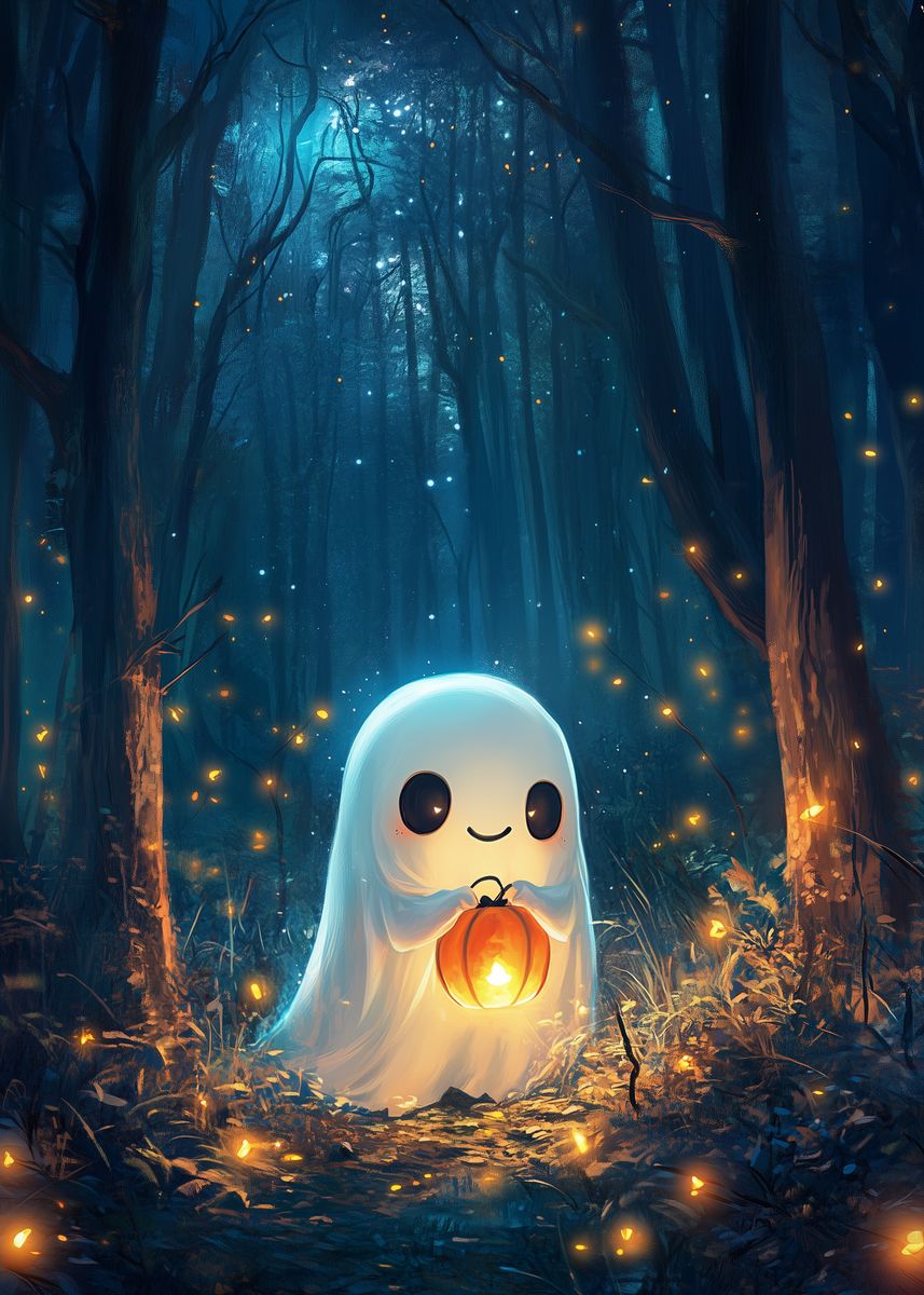 'Cute Halloween Ghost in Forest' Poster, picture, metal print, paint by ...