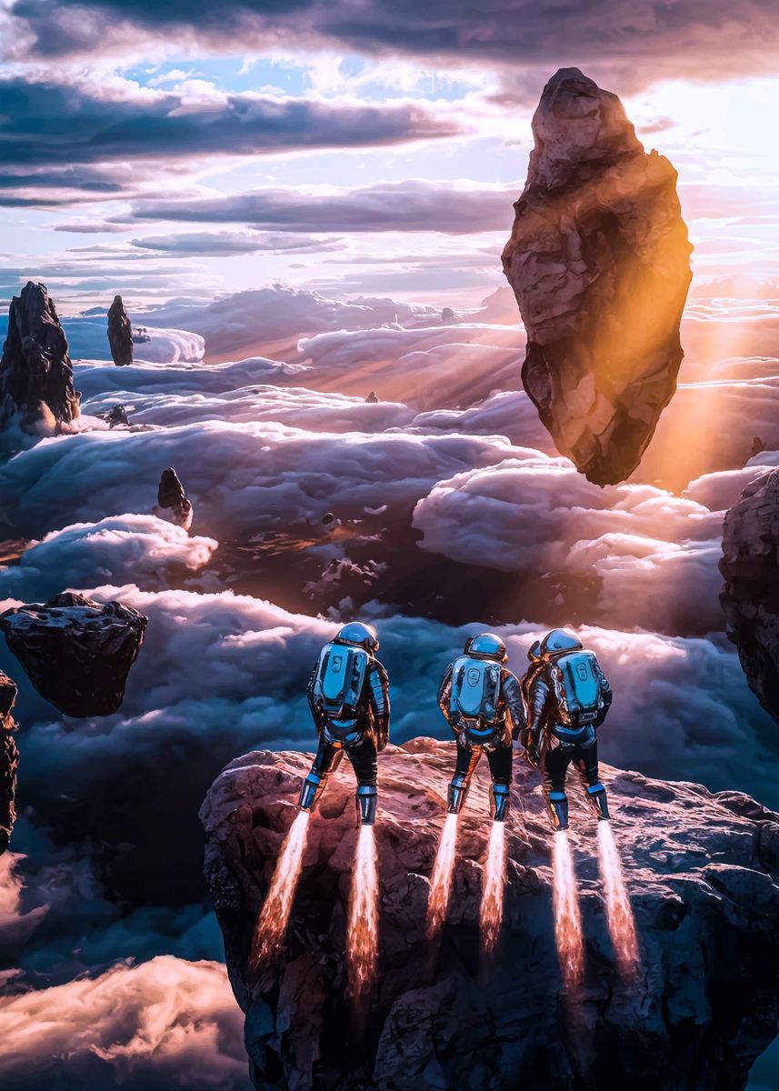 'Astronauts on Floating Rocks' Poster, picture, metal print, paint by ...