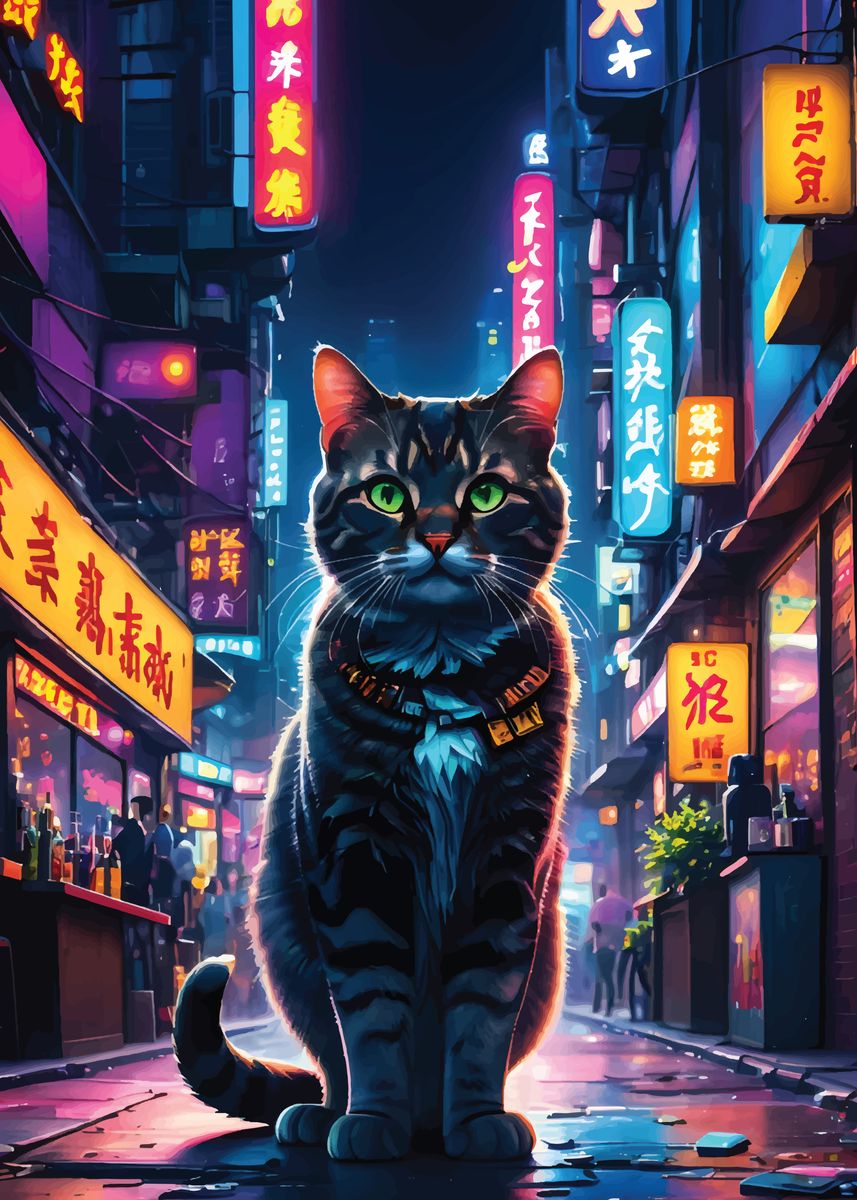 'Cyberpunk Cat in Neon City' Poster, picture, metal print, paint by ...