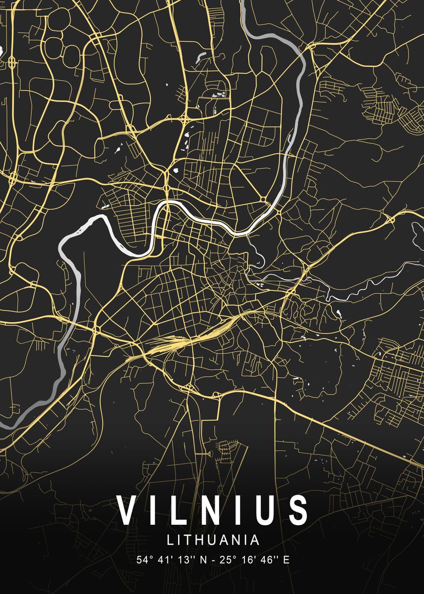 'Vilnius Silver Map' Poster, picture, metal print, paint by ...