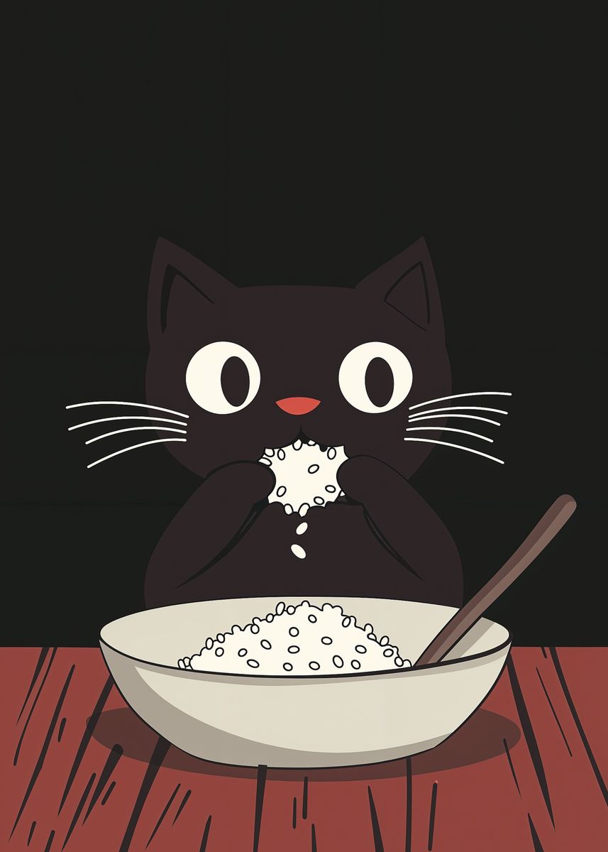'Black Cat Eating Rice' Poster, picture, metal print, paint by ...