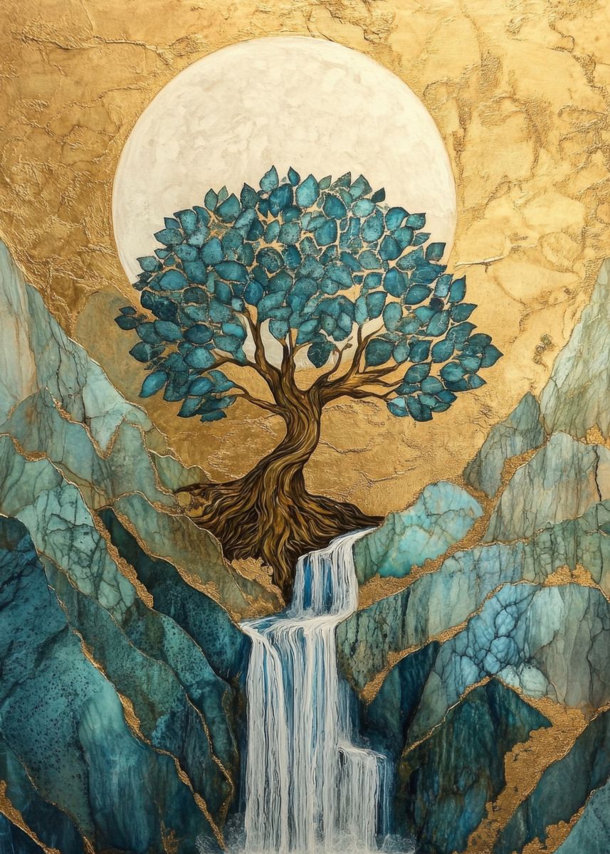 'Golden Waterfall Tree' Poster, picture, metal print, paint by Byrdyak ...