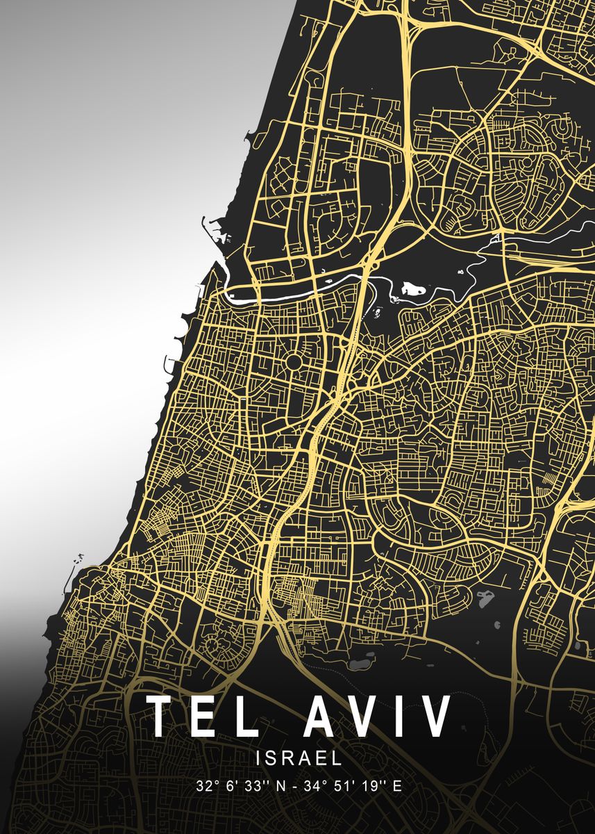 'Tel Aviv Silver Map' Poster, picture, metal print, paint by ...