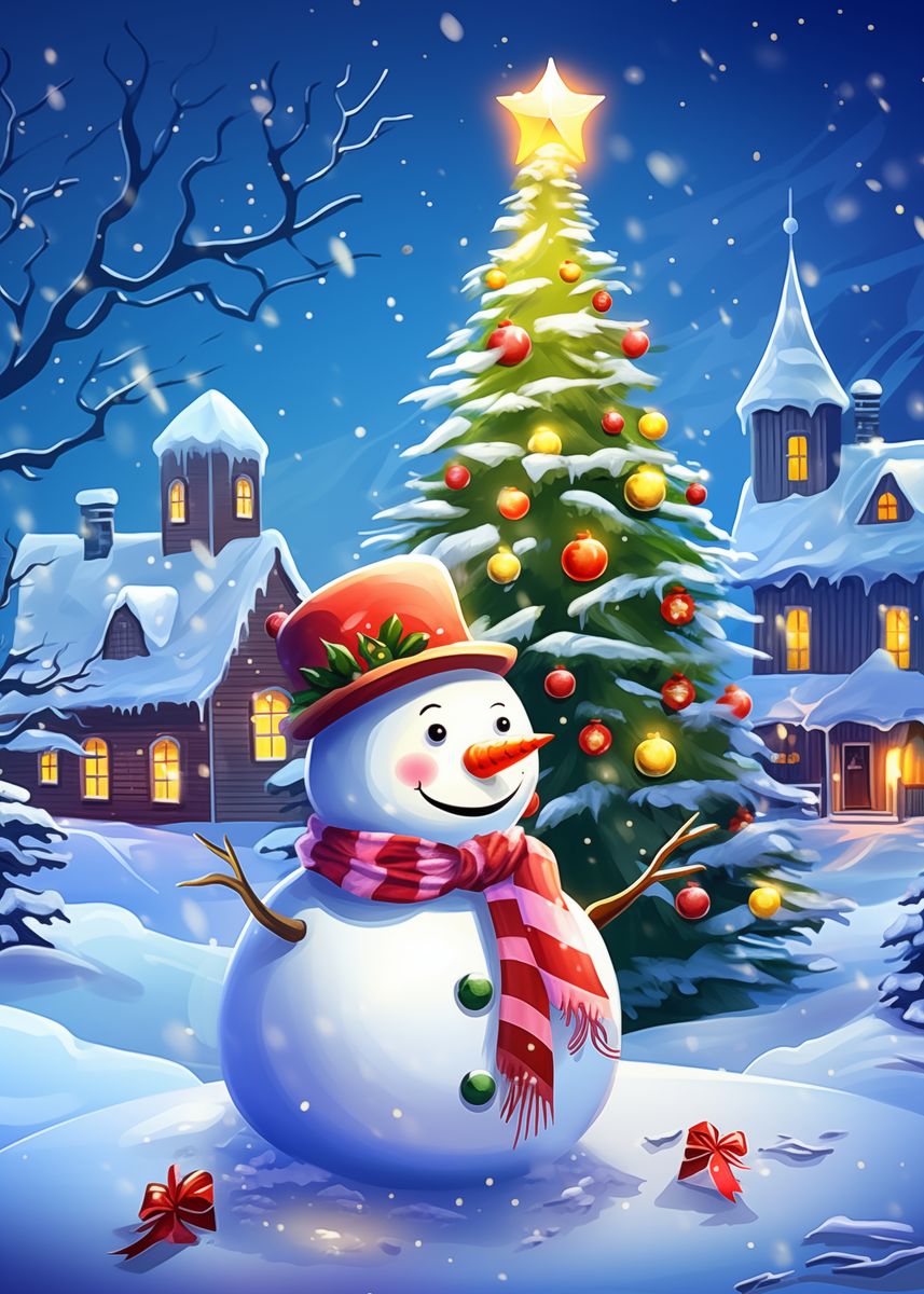 'Snowman Christmas Scene' Poster, picture, metal print, paint by Yuki ...