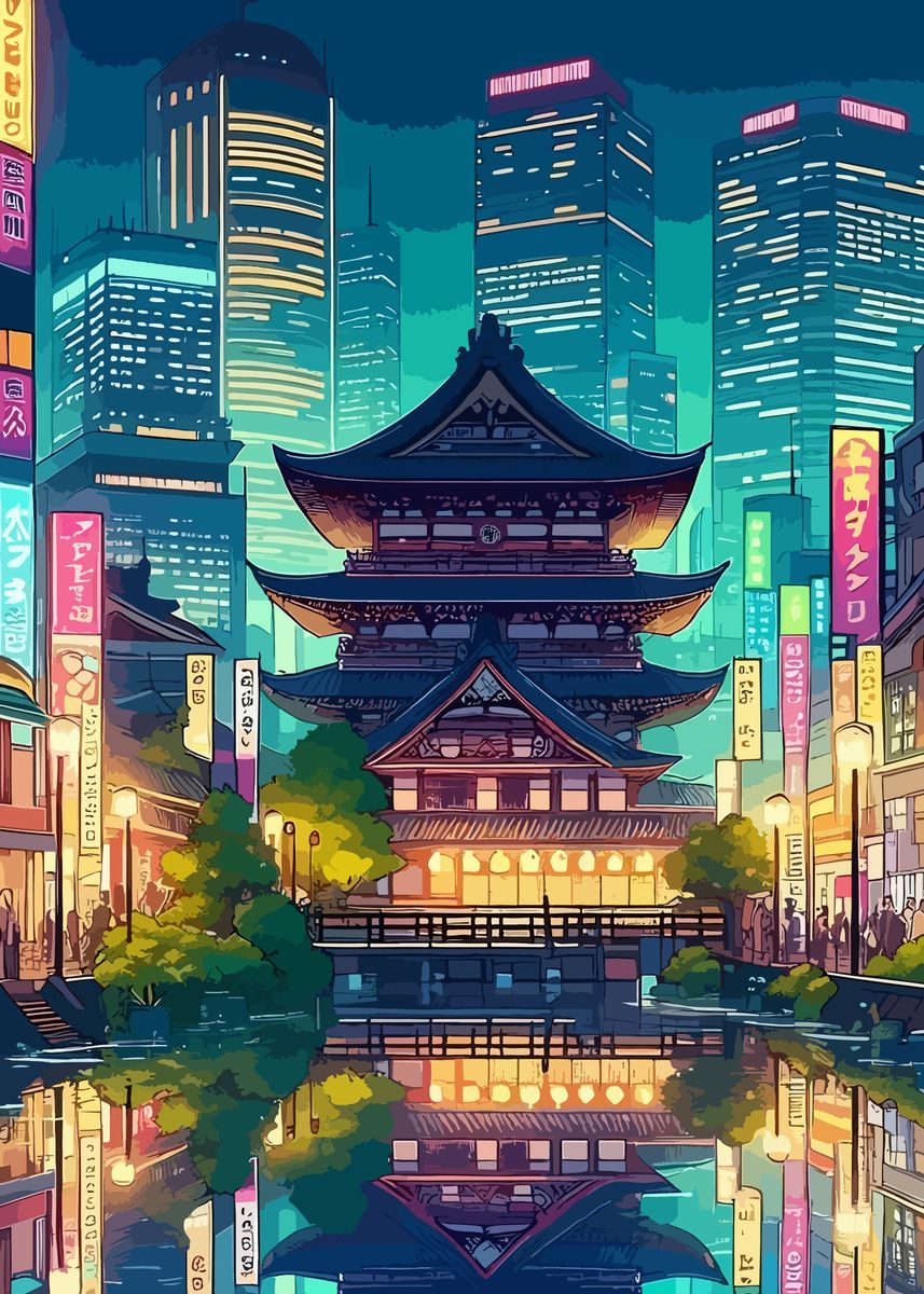 'Japanese Temple Cityscape' Poster, picture, metal print, paint by Ben ...
