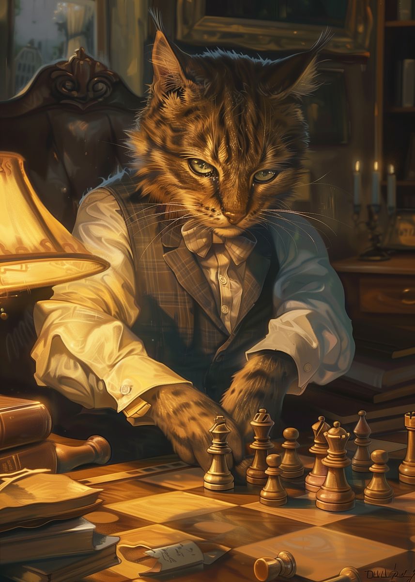 'Funny Cat Playing Chess' Poster, picture, metal print, paint by ...