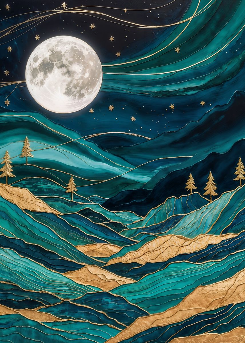 'Night Sky Mountains Gold Kintsugi' Poster, picture, metal print, paint ...