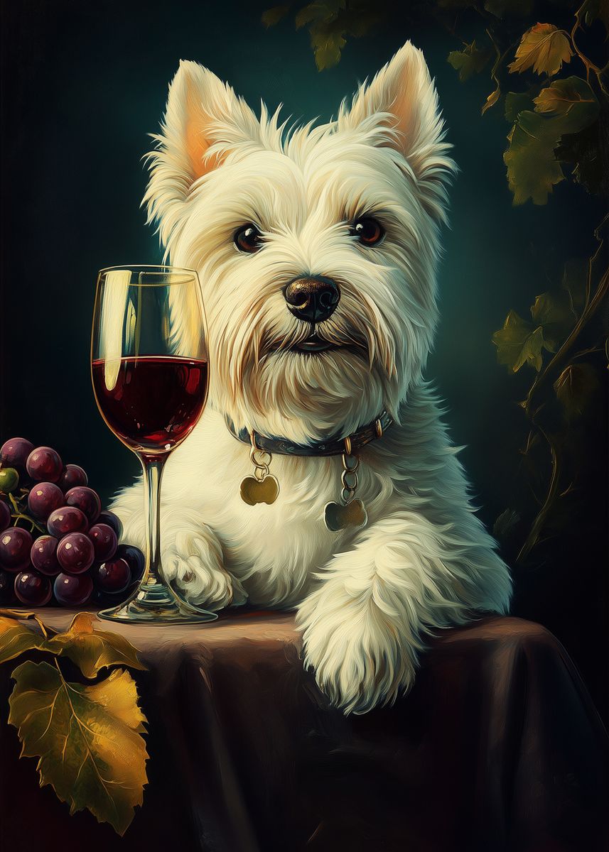 'White Westie enjoying Wine' Poster, picture, metal print, paint by DasPostr | Displate