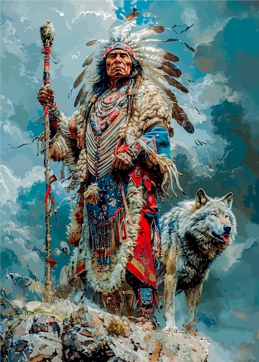 'Native American Chief and Wolf' Poster, picture, metal print, paint by ...
