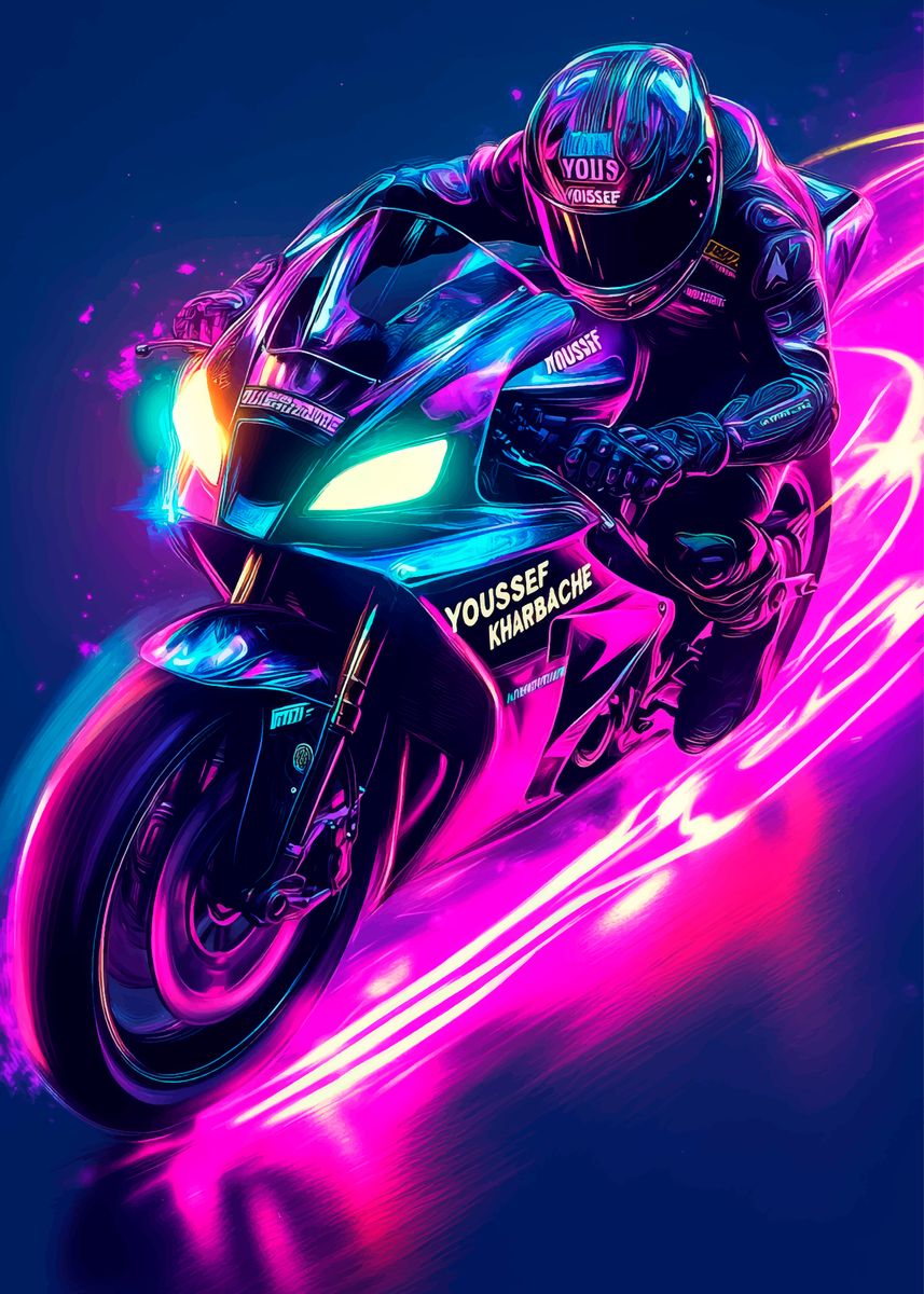 'Neon Motorcycle Rider' Poster, picture, metal print, paint by | Displate