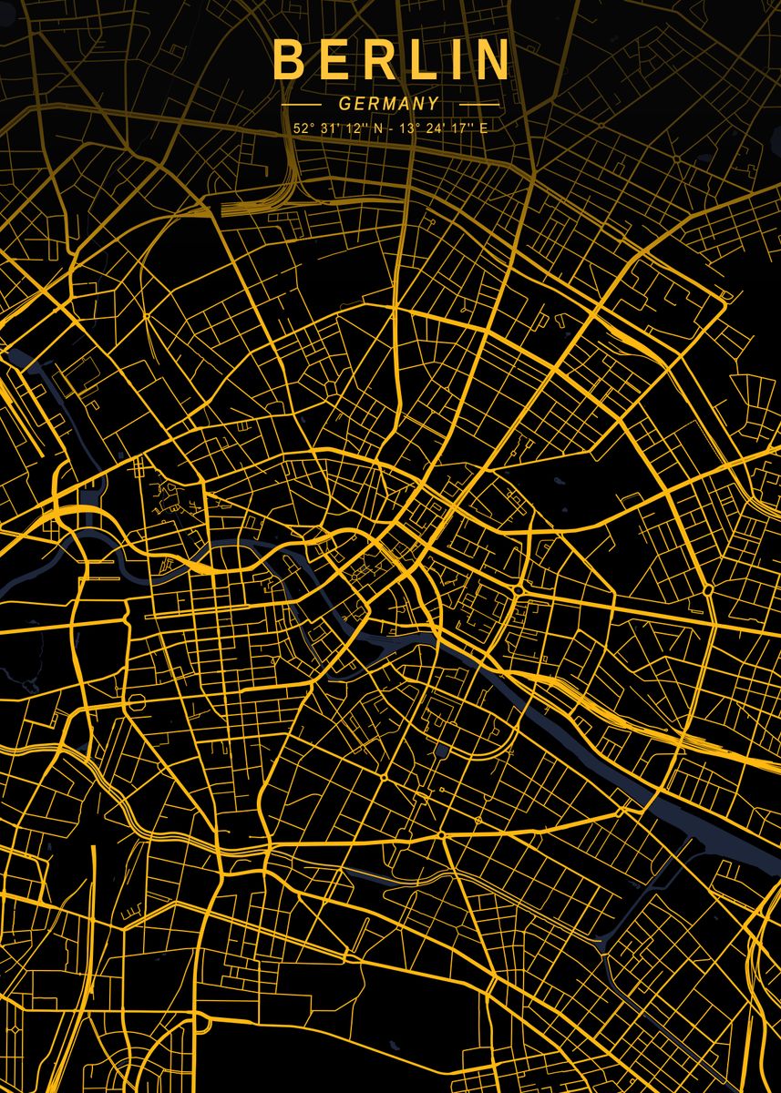 'Berlin Golden City Map' Poster, picture, metal print, paint by ...