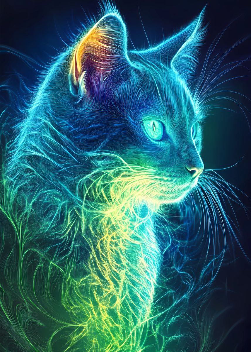 'Neon Cat Portrait' Poster, picture, metal print, paint by cheetah ...