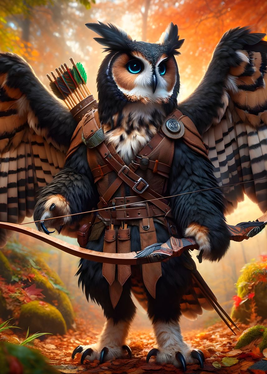 'Owl Archer in Autumn Forest' Poster, picture, metal print, paint by ...