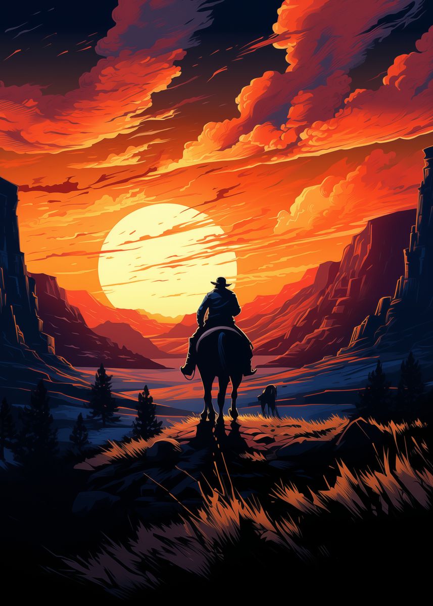 'Cowboy Sunset Ride' Poster, picture, metal print, paint by hadi helmi ...