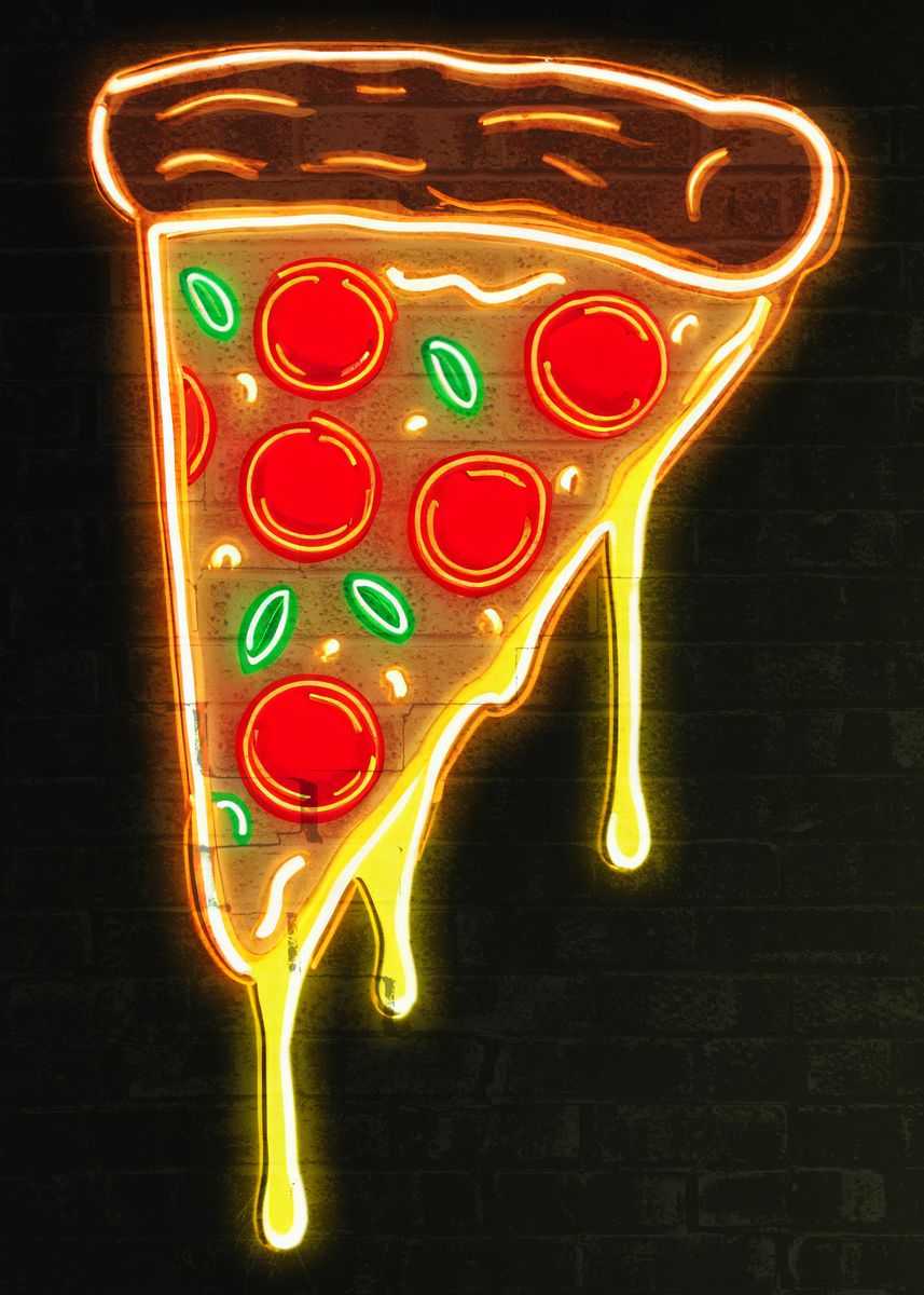'Neon Pizza Slice on a Wall Acrylic Artwork' Poster, picture, metal ...