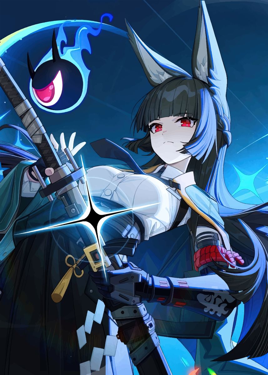'Anime Girl with Sword and Blue Flame' Poster, picture, metal print ...