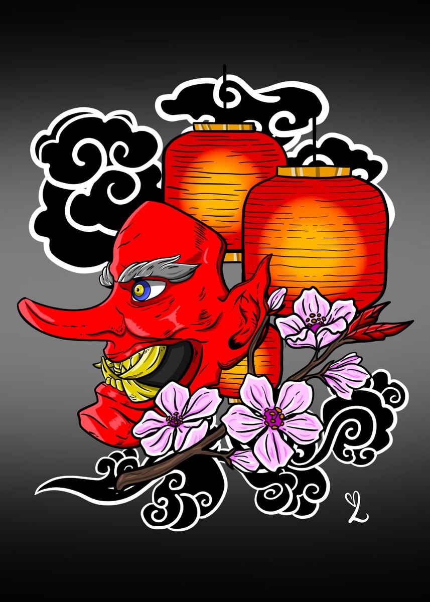 'Japanese Oni Mask' Poster, picture, metal print, paint by Stephen ...