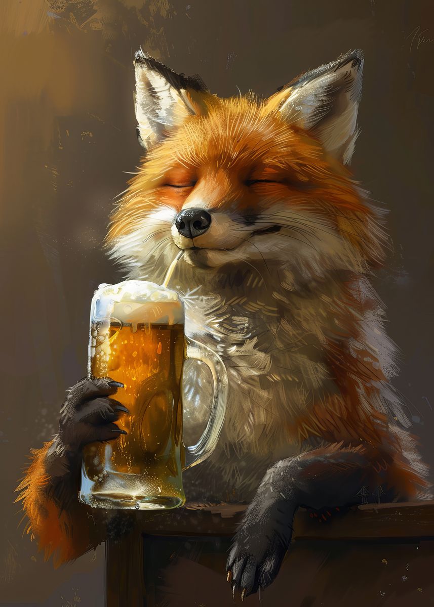 'Fox Drinking Beer' Poster, picture, metal print, paint by Alisson ...