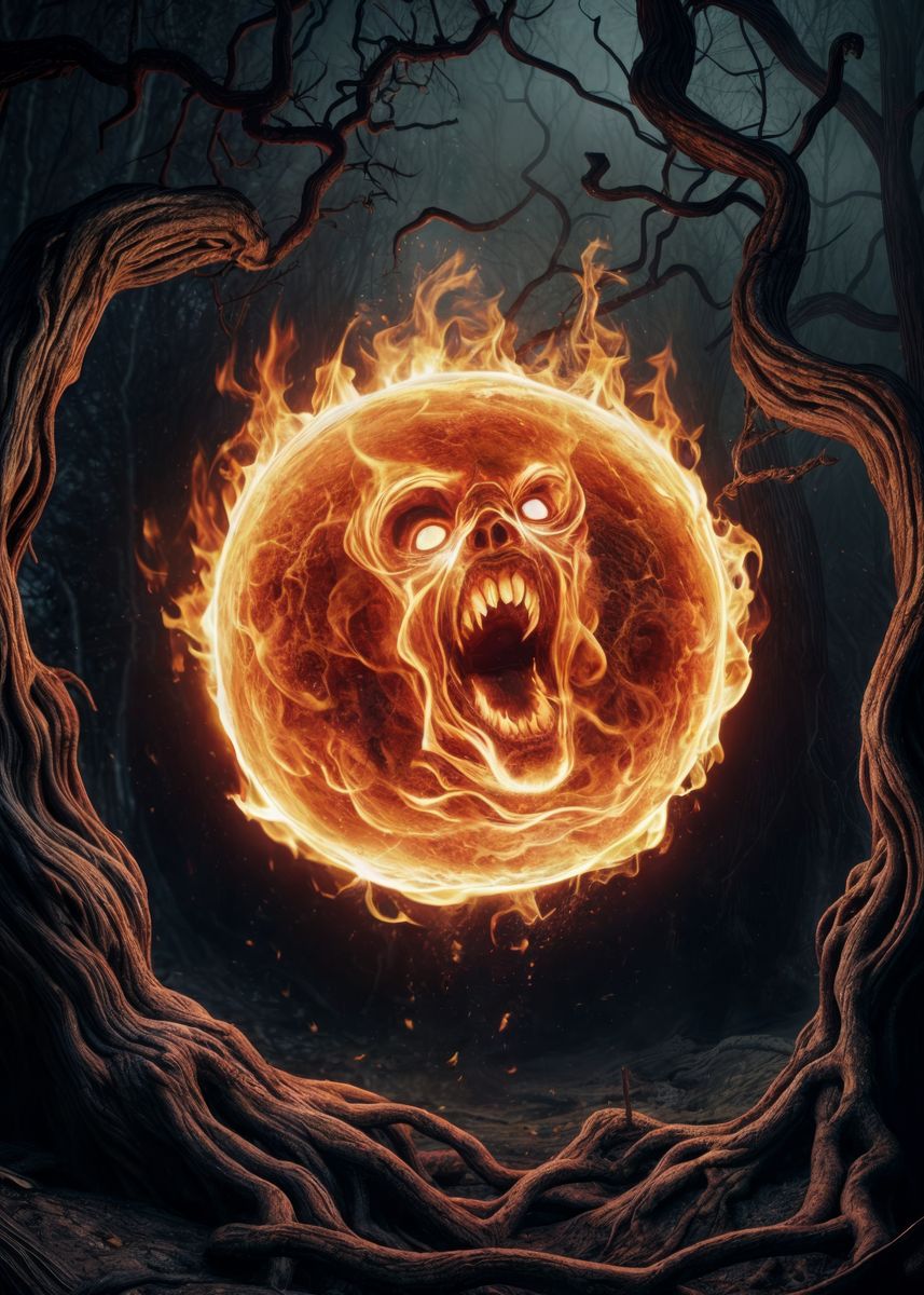 'Fiery Skull in Forest' Poster, picture, metal print, paint by ...