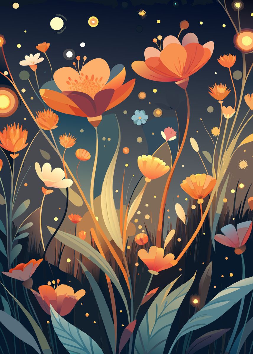 'Night Garden Flowers' Poster, picture, metal print, paint by Saddam ...