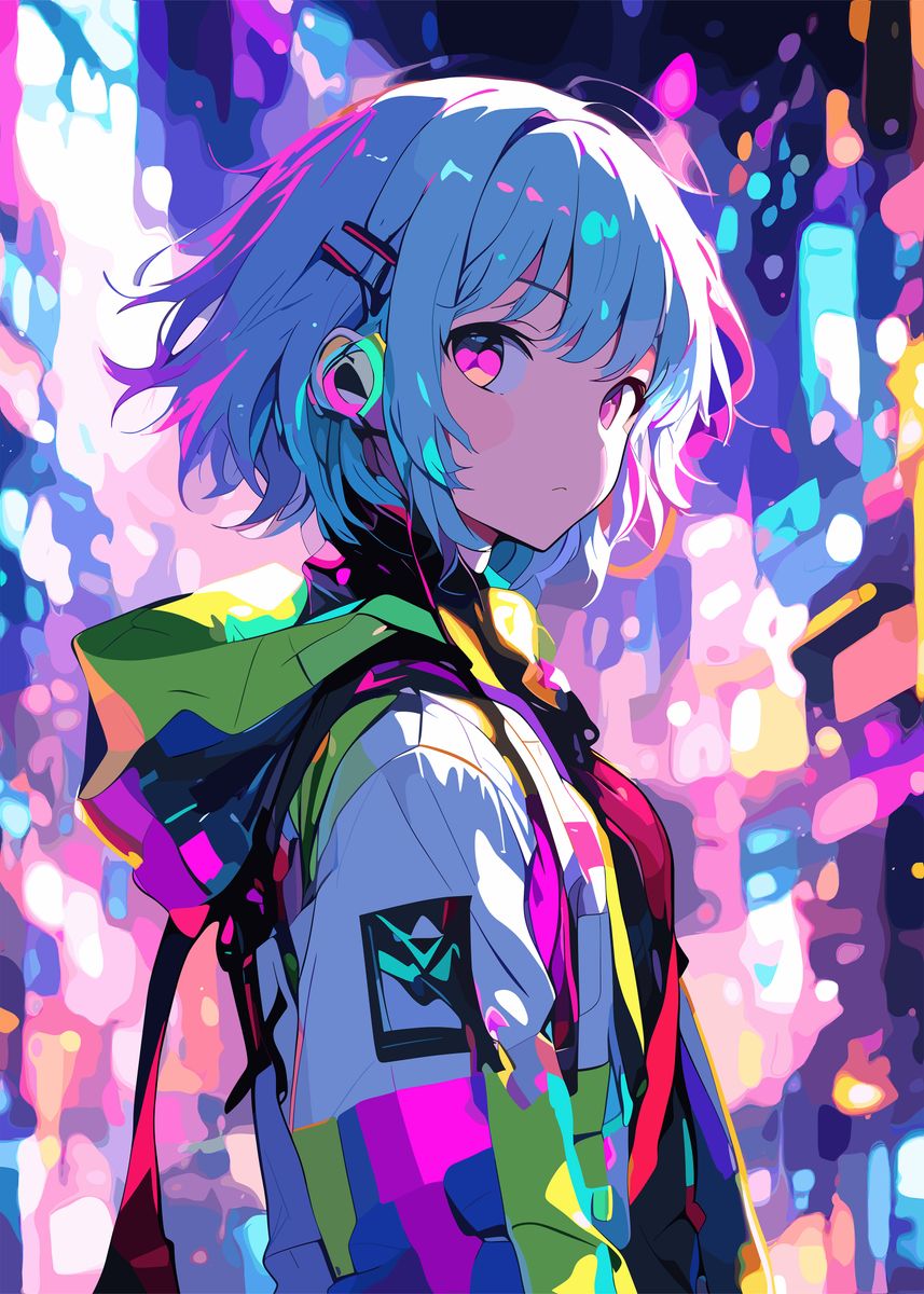 'Anime Girl in Neon City' Poster, picture, metal print, paint by ...
