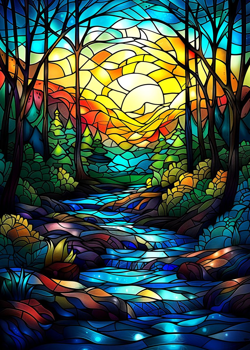 'Stained Glass Forest Stream' Poster, picture, metal print, paint by ...