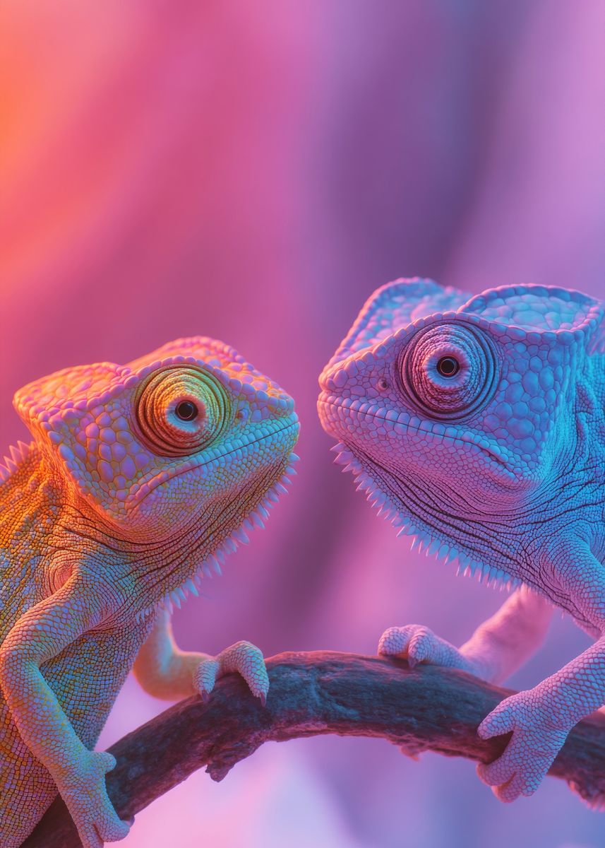 'Two Chameleons on Branch' Poster, picture, metal print, paint by ...