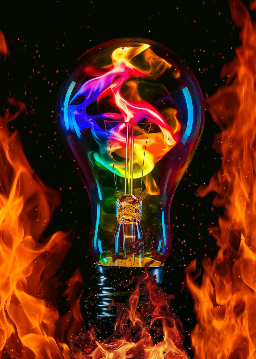 'Lightbulb in Flames' Poster, picture, metal print, paint by BLACK PINK ...