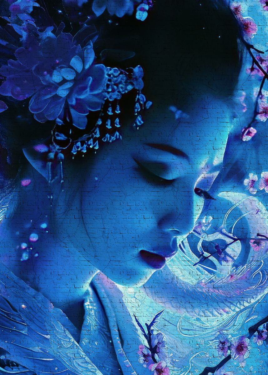 'Blue Geisha with Flowers' Poster, picture, metal print, paint by ...