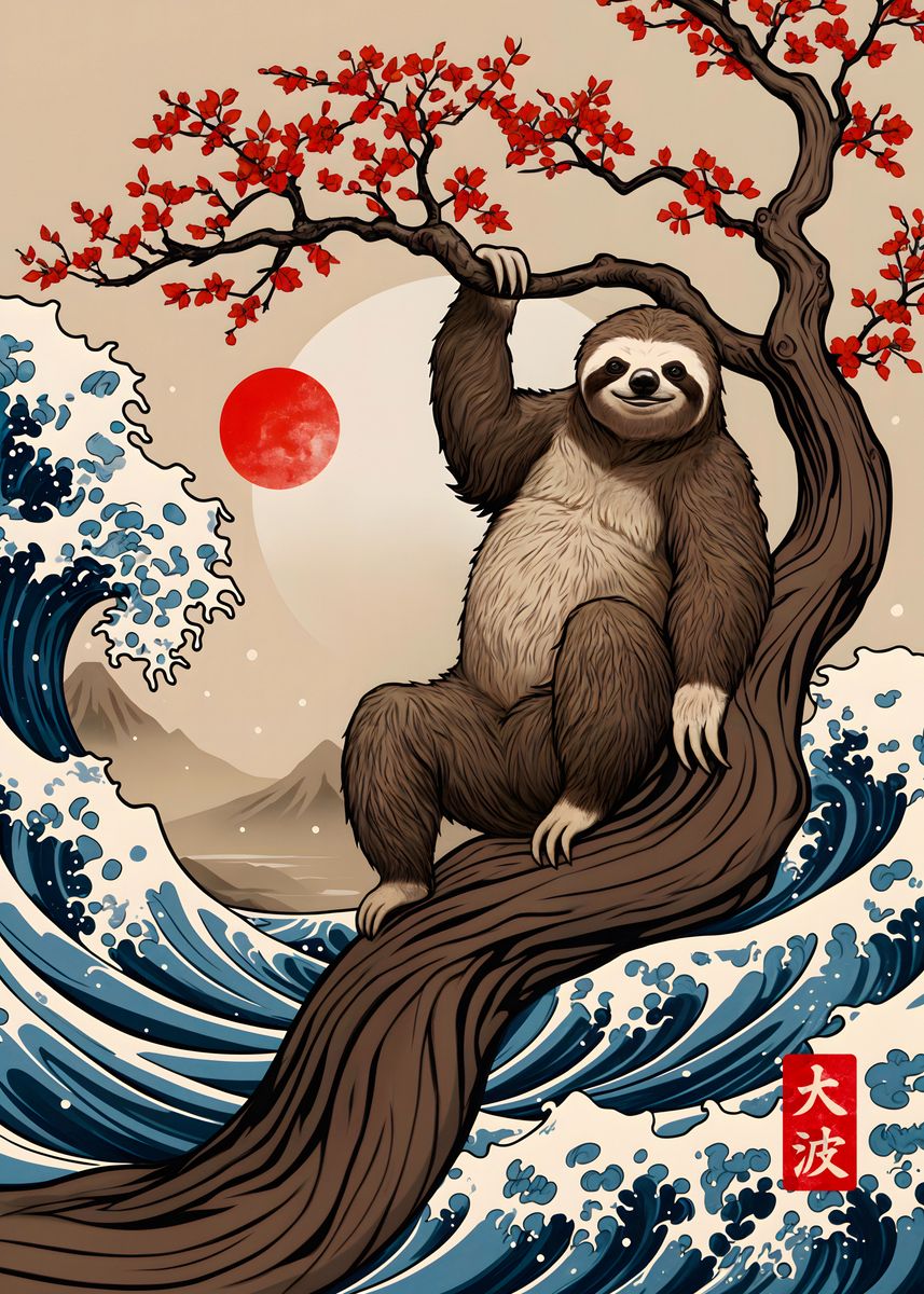 'Sloth Great Wave' Poster, picture, metal print, paint by Illust Artz ...