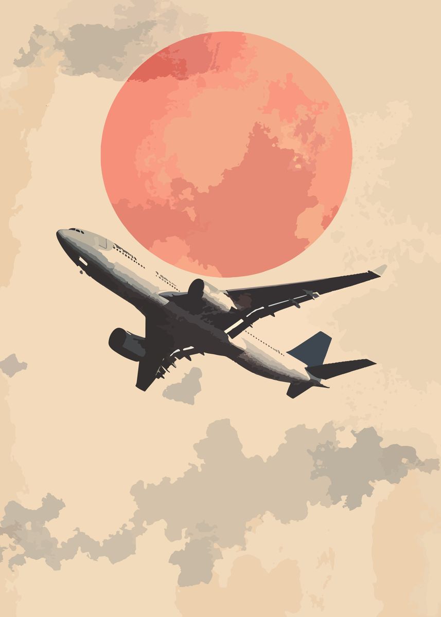 'Airplane Sunset Flight' Poster, picture, metal print, paint by ...
