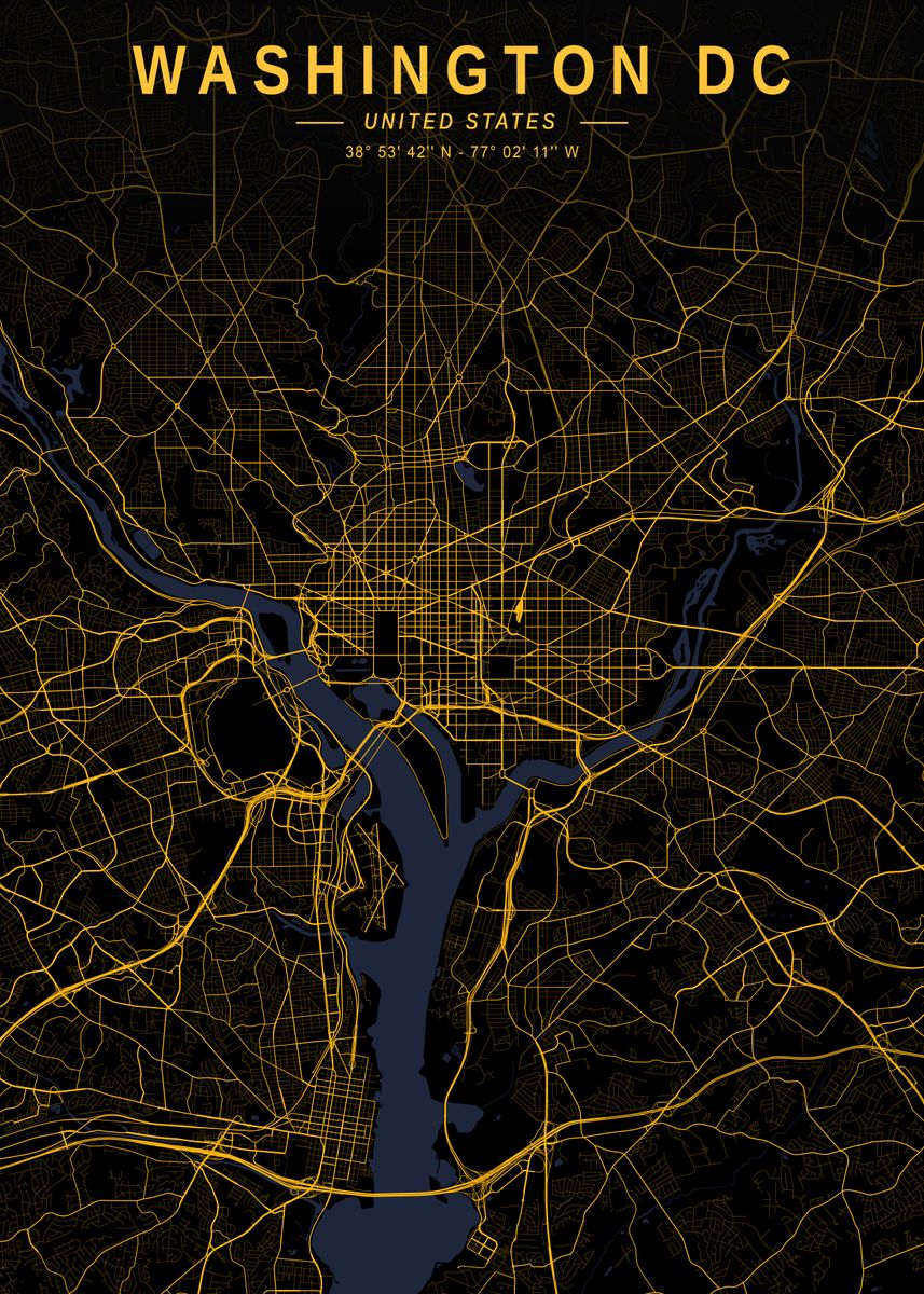 'Washington DC Golden City Map' Poster, picture, metal print, paint by ...