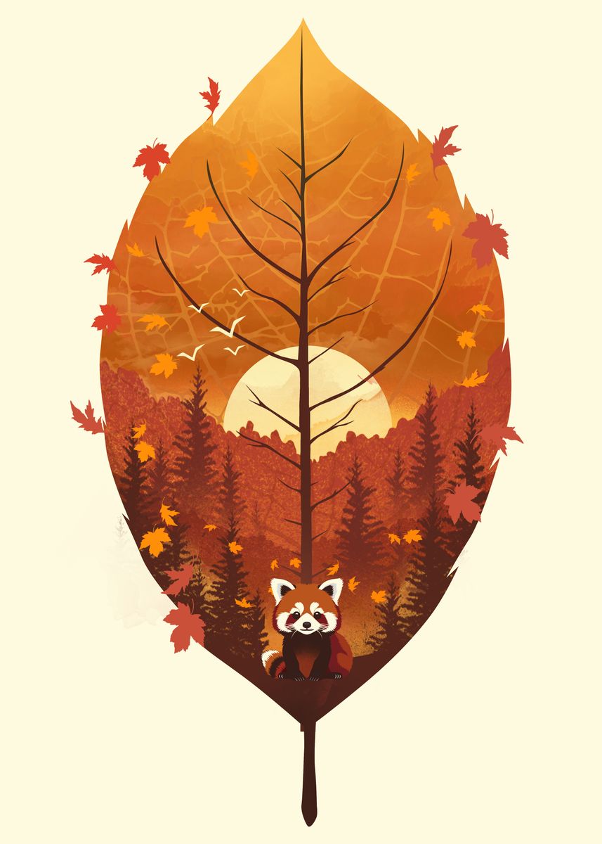 'Red Panda Autumn Leaf' Poster, picture, metal print, paint by Dan ...