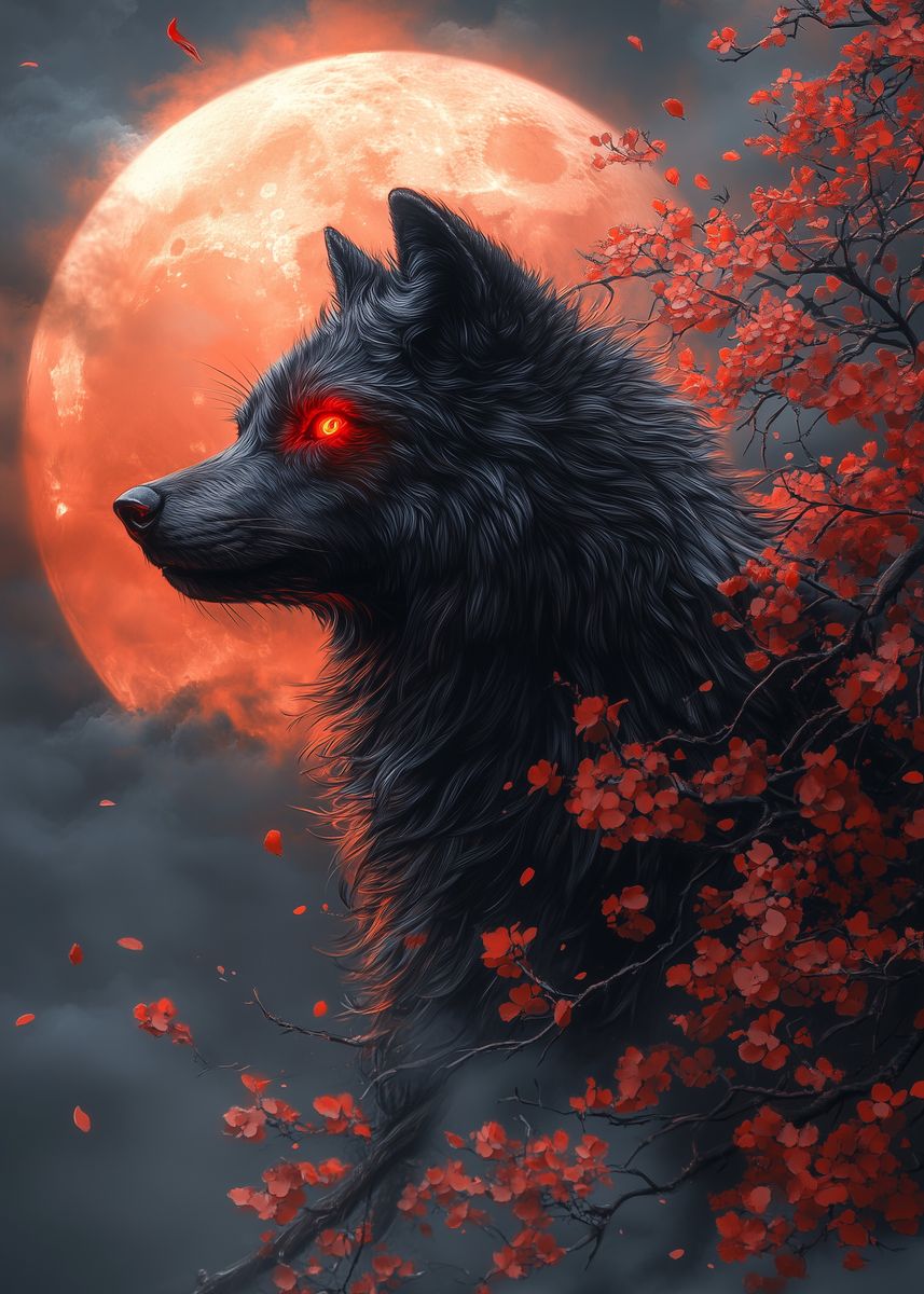 'Black Wolf and Blood Moon' Poster, picture, metal print, paint by Anna ...