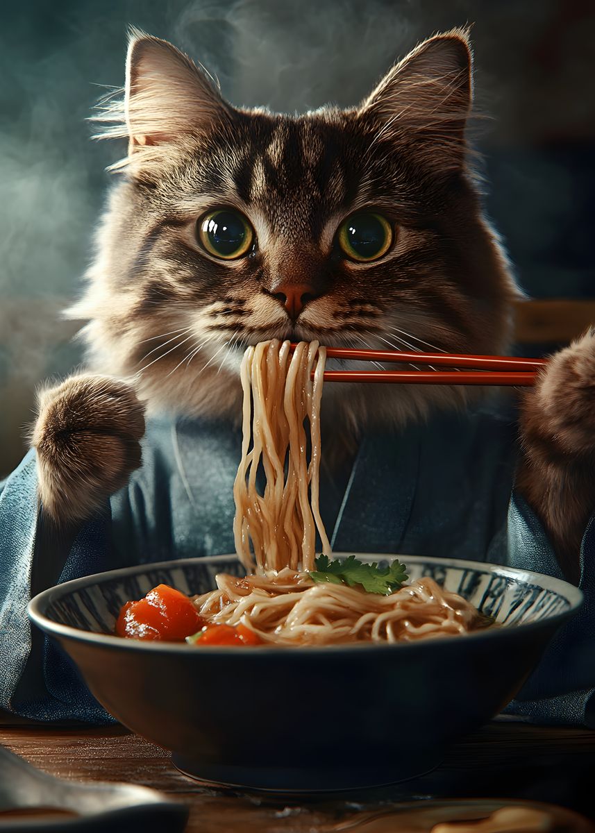 'Cat Eating Ramen' Poster, picture, metal print, paint by Tigaro | Displate