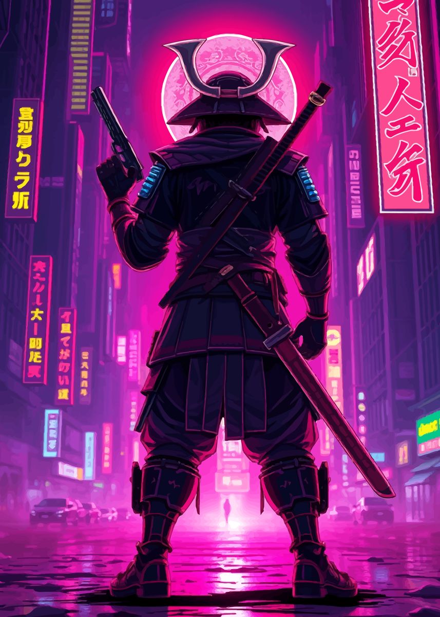 'Cyberpunk Neon Samurai' Poster, picture, metal print, paint by DUMBROS ...