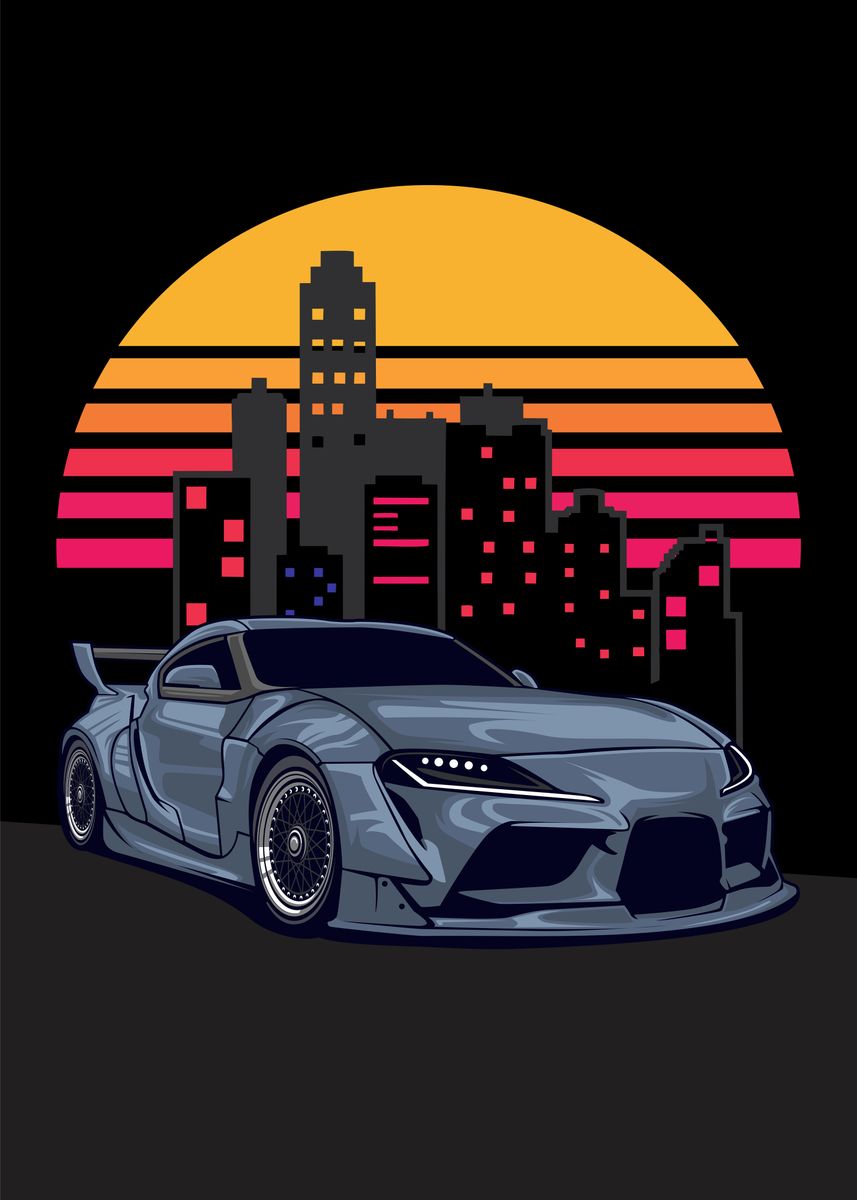 'Blue Supra with Sunset Cityscape' Poster, picture, metal print, paint ...